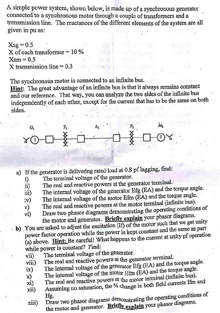 SOLVED: A simple power system, shown below, is made up of a synchronous generator connected to a ...