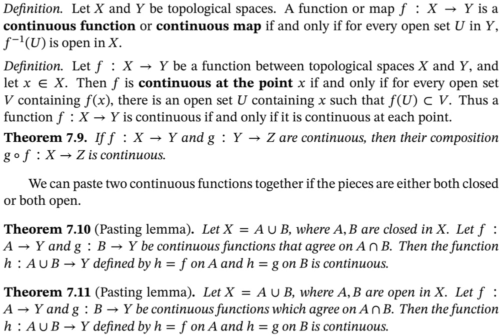 Definition. Let X and Y be topological spaces. A function or map f : X ? Y is a continuous ...