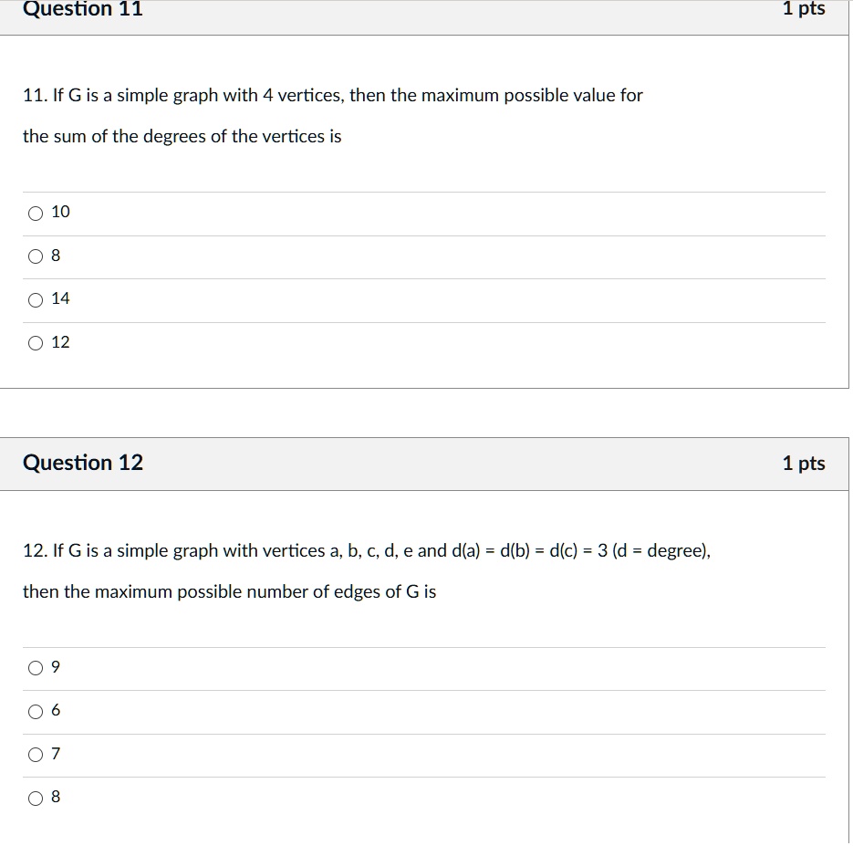 question 11 1 pts 11 if g is a simple graph with 4 vertices then the maximum possible value for ...