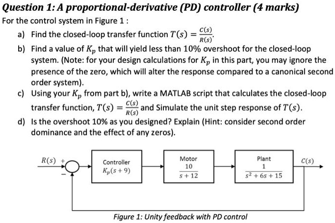 SOLVED: A proportional-derivative (PD) controller is used in the control system shown in Figure ...