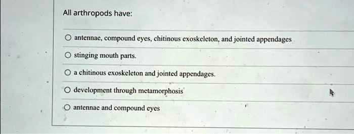 All arthropods have: All arthropods have: antennae; compound eyes ...