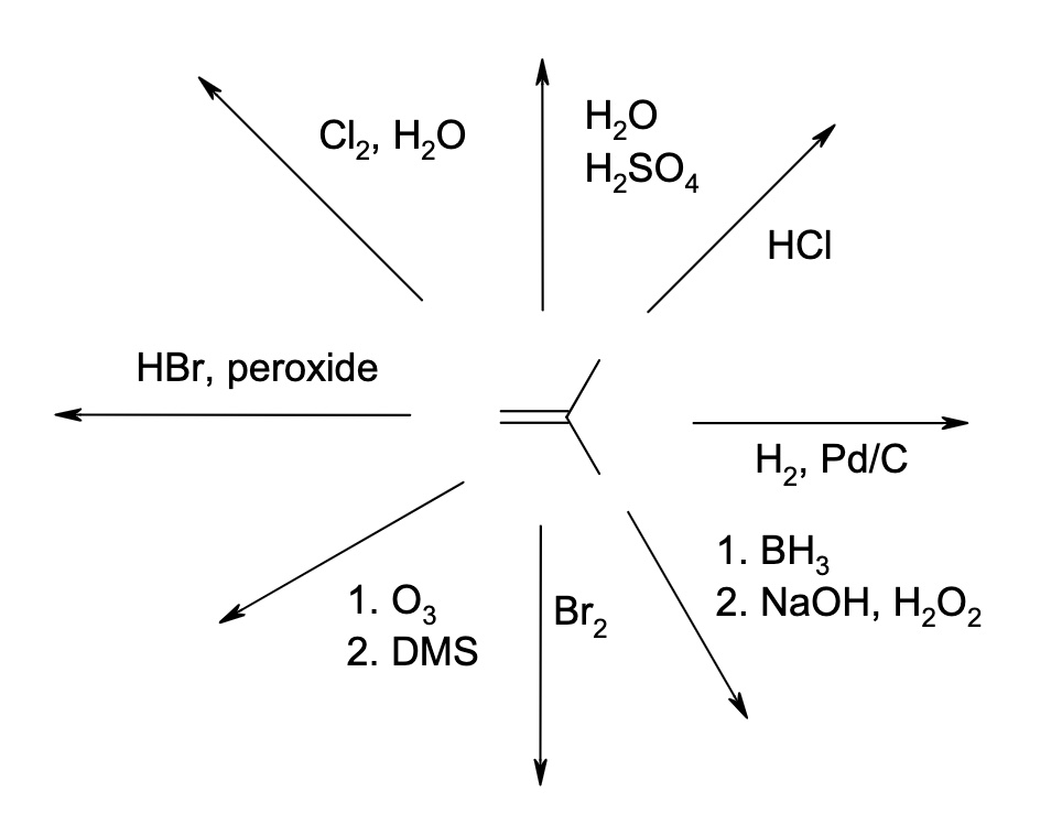 SOLVED: Cl2 + H2O H2SO4 HCl HBr, peroxide H2 + Pd/C -> 1. BH3 2. NaOH ...