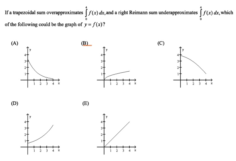 If a trapezoidal sum overapproximates f(x) dx, and a right Riemann sum ...