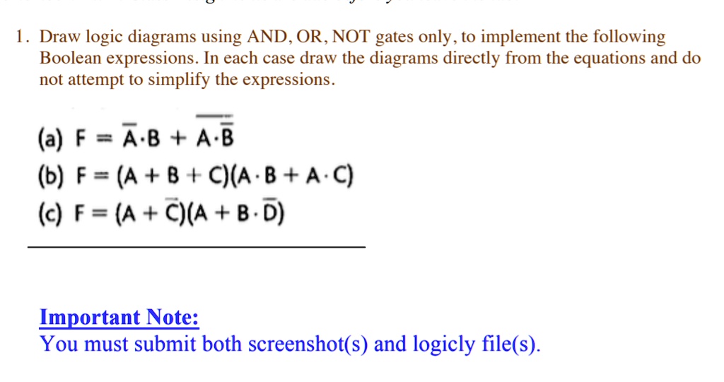 SOLVED: Draw logic diagrams using AND, OR, NOT gates only, to implement ... SOLVED: Draw logic diagrams using AND, OR, NOT gates only, to implement ...