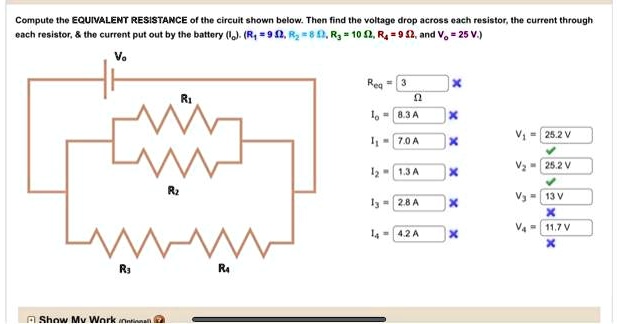 SOLVED: Compute the EQUIVALENT RESISTANCE of the circuit shown below. Then find the voltage drop ...