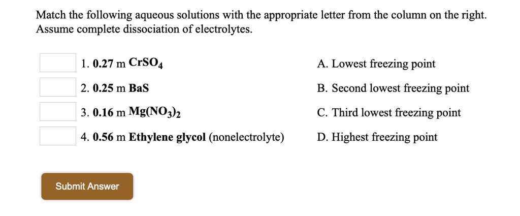 SOLVED: Match the following aqueous solutions with the appropriate ...