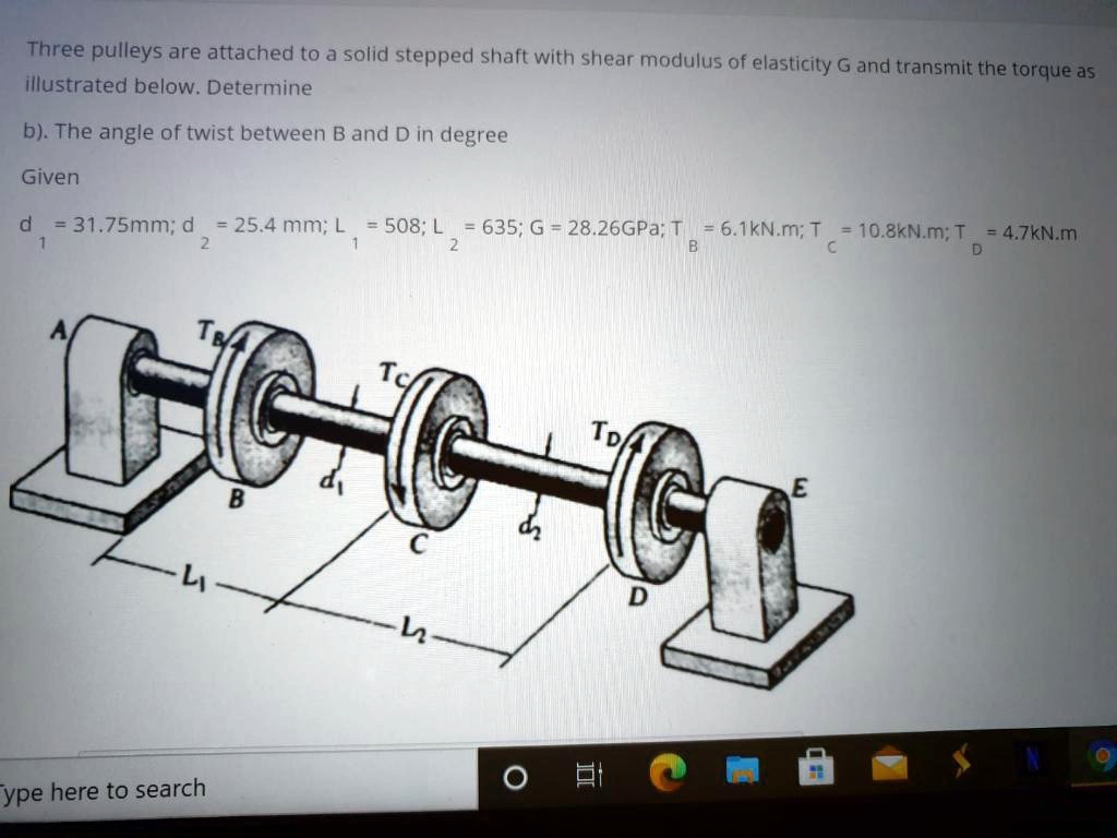 SOLVED: Three pulleys are attached to a solid stepped shaft with a ...