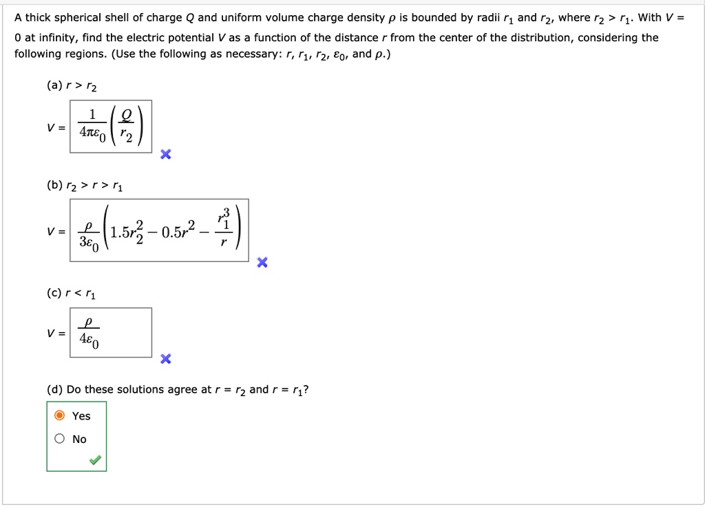 a thick spherical shell of charge q and uniform volume charge density p ...