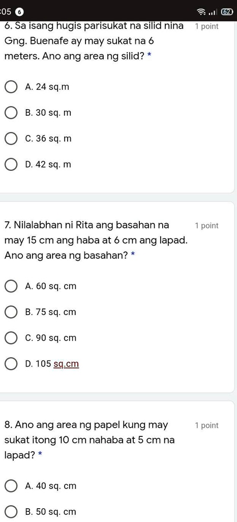 SOLVED:'salamat po sa mag sasagotC. 60 sq. cmD. 70 sq.cm 05 0 6. Sa ...
