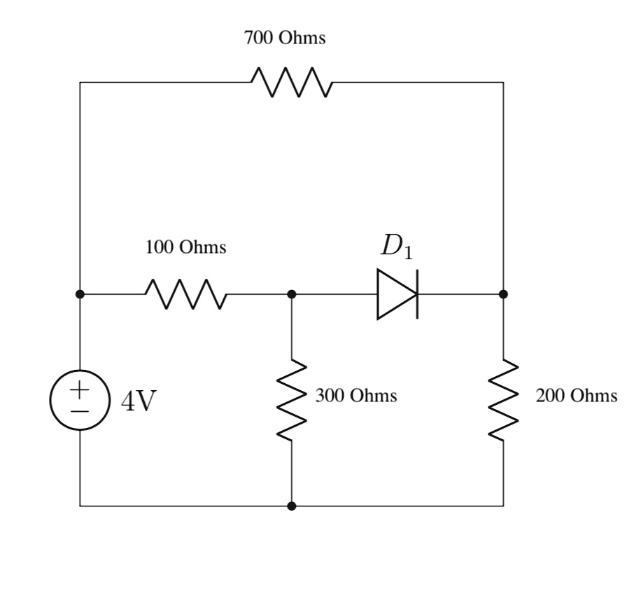 SOLVED: Find the values of all voltages and currents using TINKERCAD 700 Ohms D1 100 Ohms 4V 300 ...
