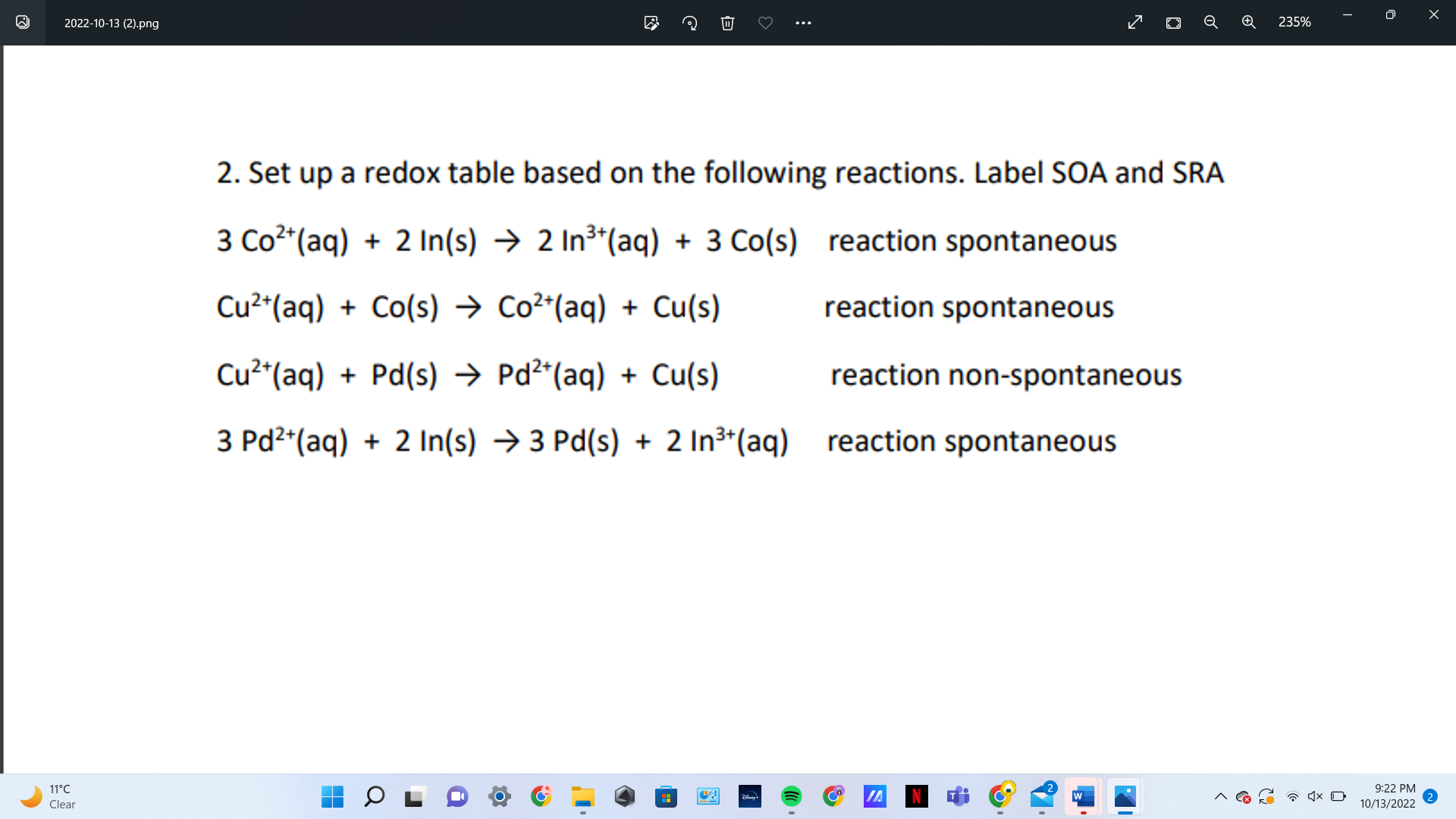 SOLVED: 2. Set up a redox table based on the following reactions. Label ...