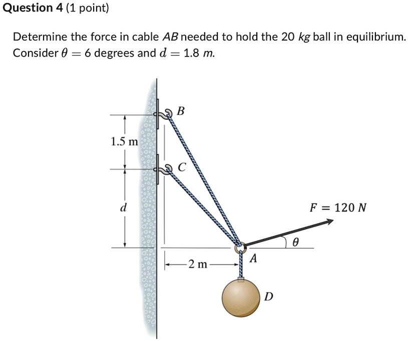 SOLVED: Question 4 (1 point) Determine the force in cable AB needed to ... SOLVED: Question 4 (1 point) Determine the force in cable AB needed to ...