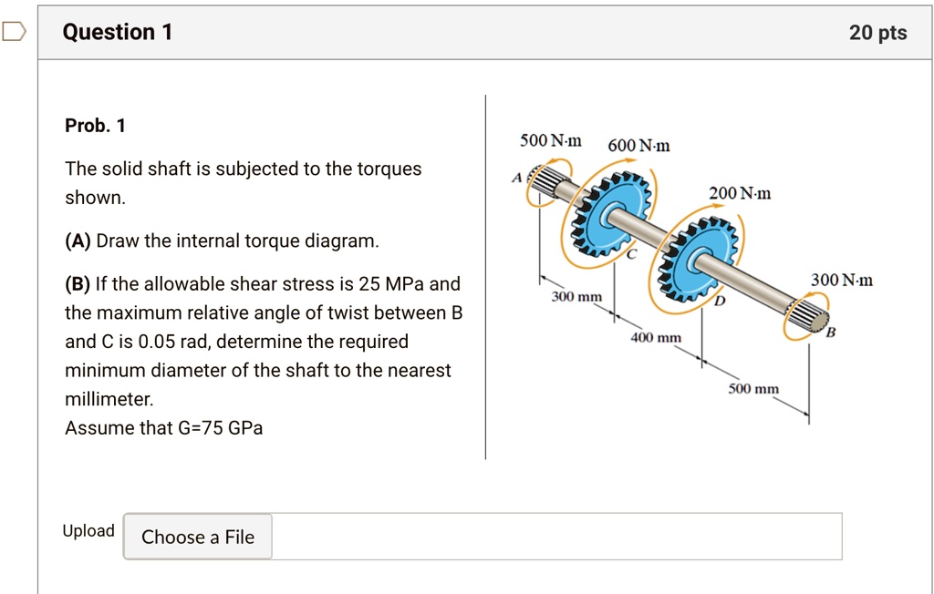 SOLVED: Prob. 1 The solid shaft is subjected to the torques shown. (A ...