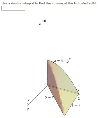 SOLVED: Use a double integral to find the volume of the indicated solid.