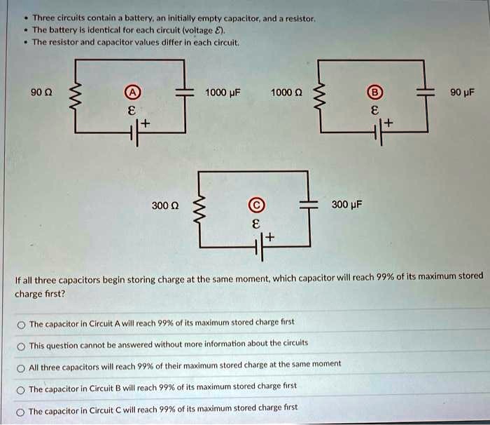 SOLVED: Three circuits contain a battery, an initially empty capacitor, and a resistor. The ...