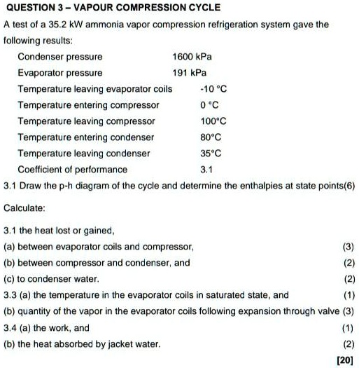 SOLVED: QUESTION 3 VAPOUR COMPRESSION CYCLE test of a 35 kW ammonia ...