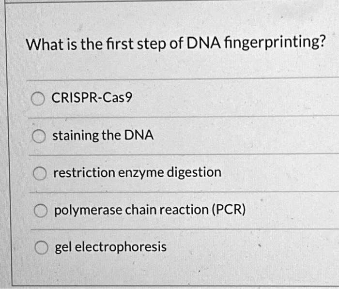 SOLVED: What is the first step of DNA fingerprinting? CRISPR-Cas9 ...