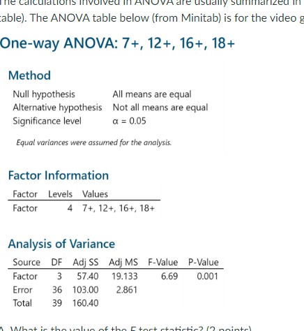 able). The ANOVA table below (from Minitab) is for the video g One-way ANOVA: 7+, 12+, 16+, 18 ...