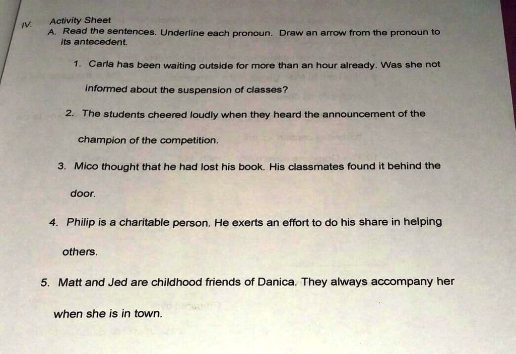 iv activity sheeta read the sentence underline each pronoun draw an ...