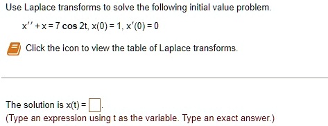 SOLVED: Use Laplace transforms to solve the following initial value problem x+x=7cos2t,0=1,x0=0 ...