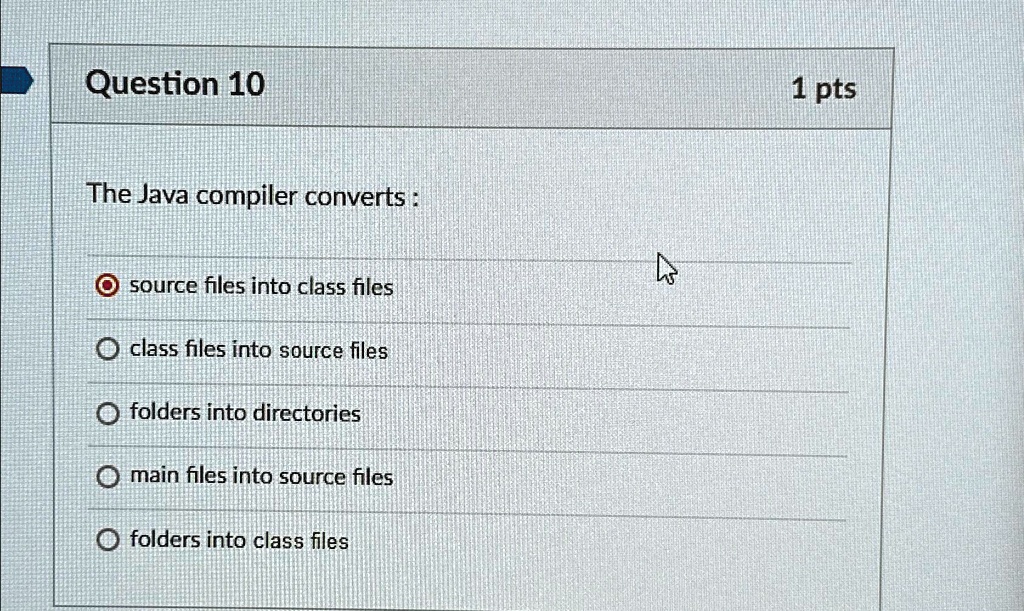Solved Question 10 1 Pts The Java Compiler Converts Source Files Into Class Files Class Files