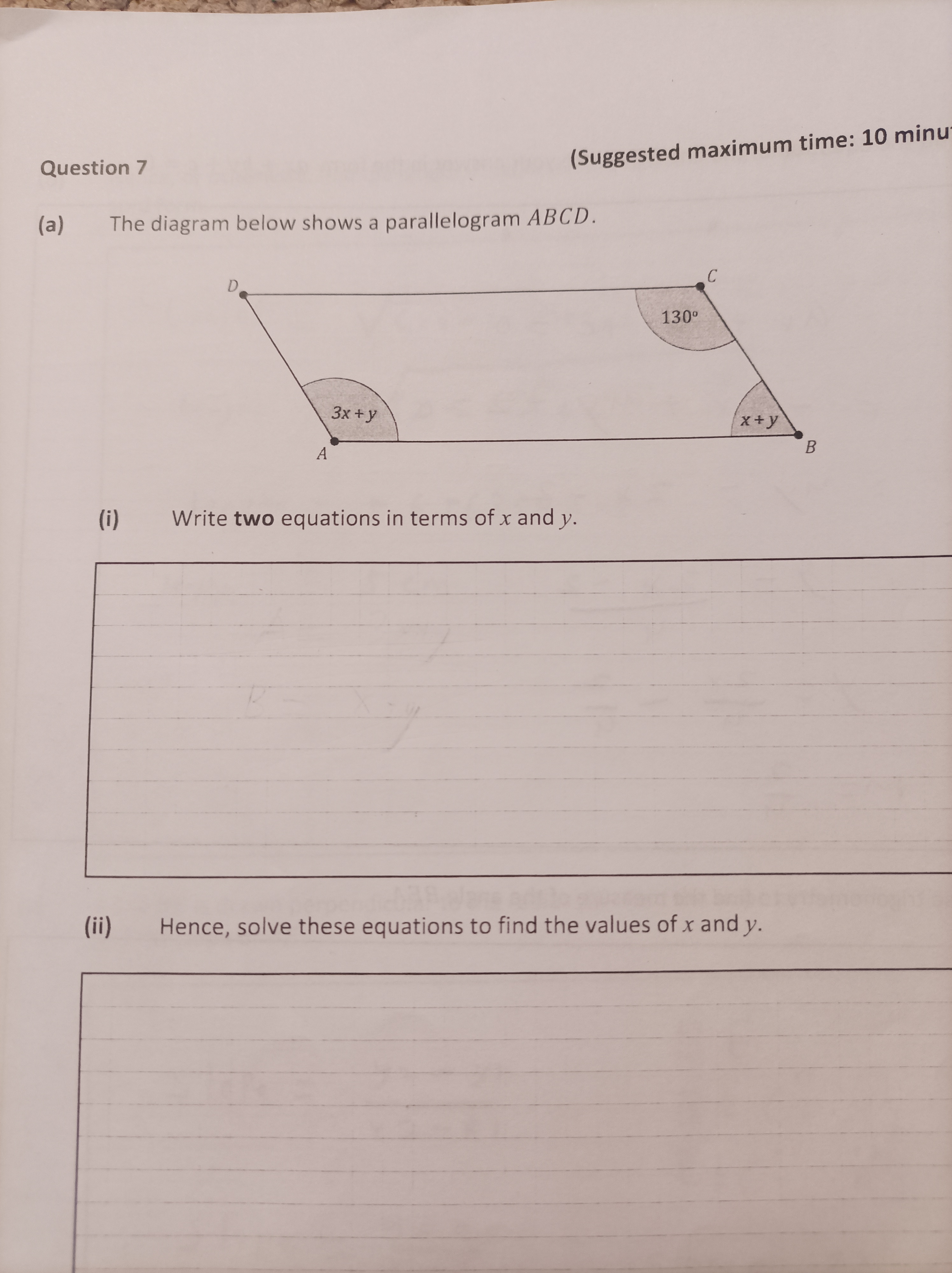 SOLVED: Question 7 (Suggested maximum time: 10 minu (a) The diagram below shows a parallelogram ...