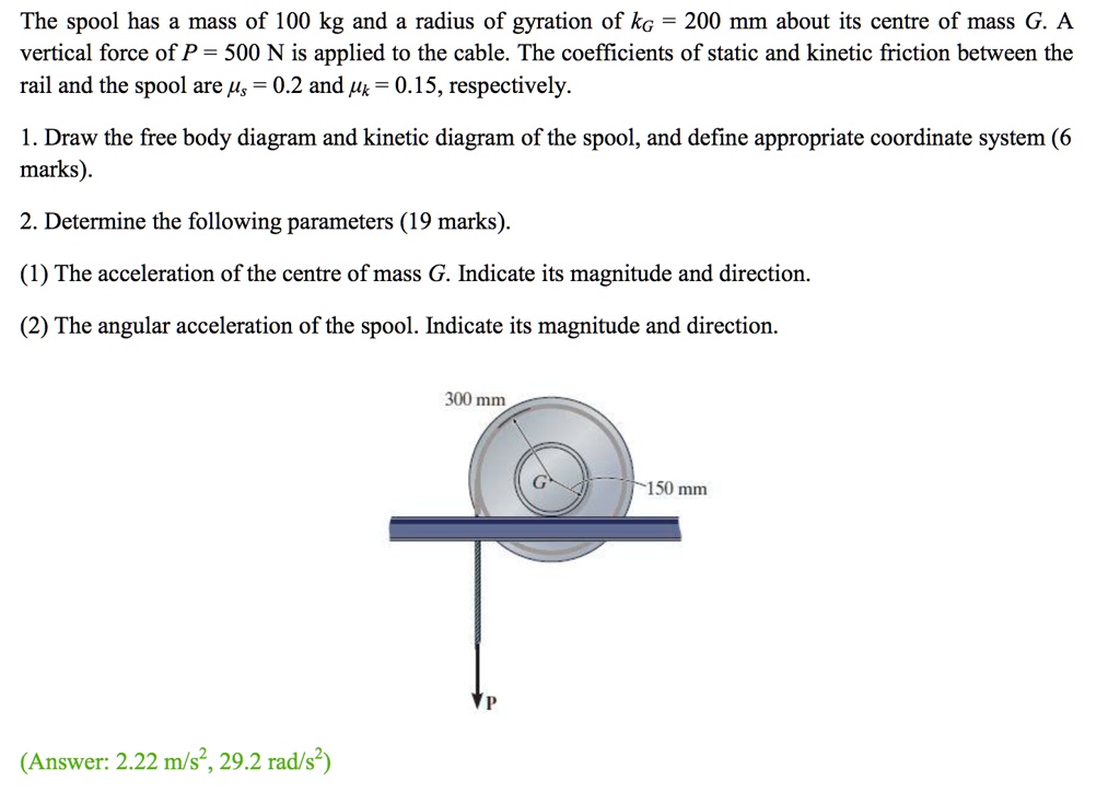 The spool has a mass of 100 kg and a radius of gyration of kG = 200 mm ...