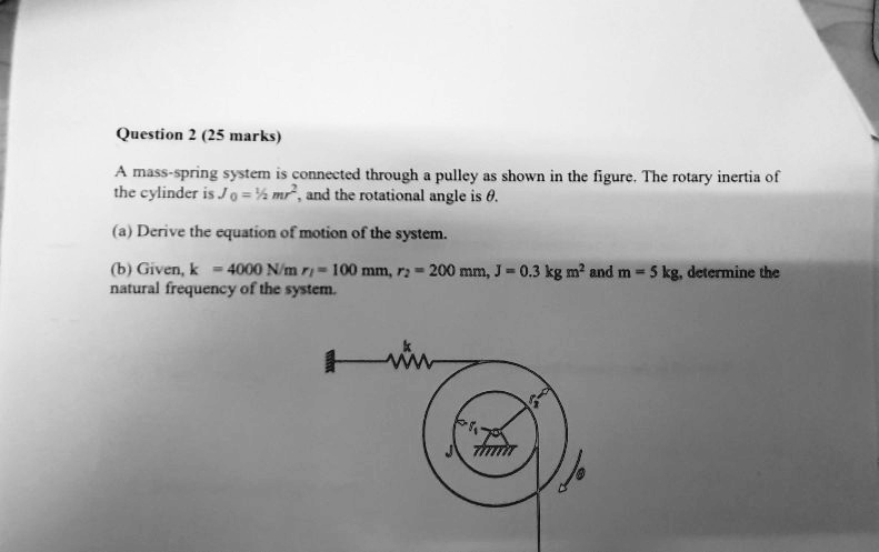 Question 2 (25 marks) A mass-spring system is connected through a pulley as shown in the figure ...