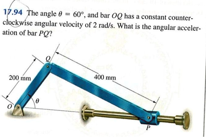 17.94 The angle θ = 60^∘, and bar OQ has a constant counter-clockwise angular velocity of 2 rad ...