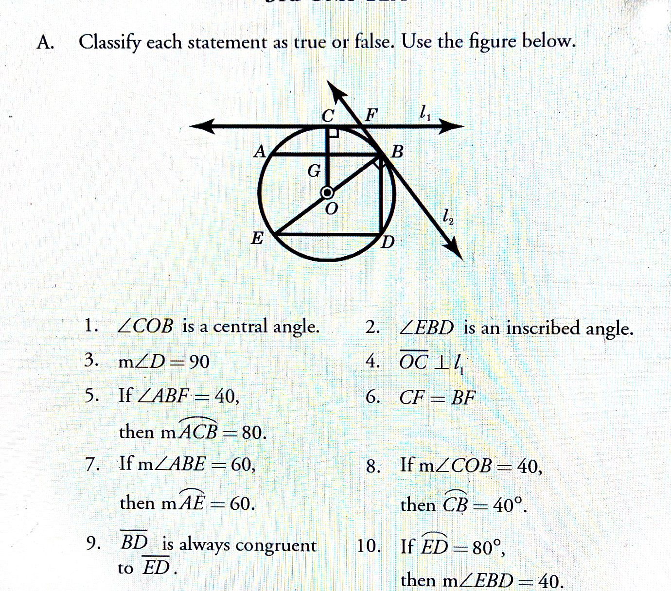 SOLVED: A. Classify each statement as true or false. Use the figure below. 1. ∠ C O B is a ...