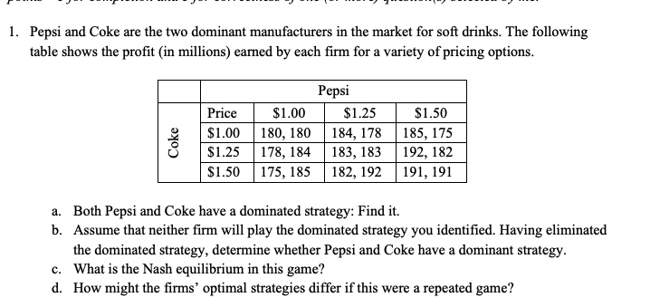 SOLVED: Pepsi and Coke are the two dominant manufacturers in the market ...