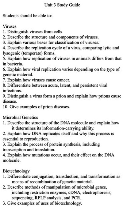 SOLVED: Texts: Unit 3 Study Guide Students should be able to: Viruses 1 ...
