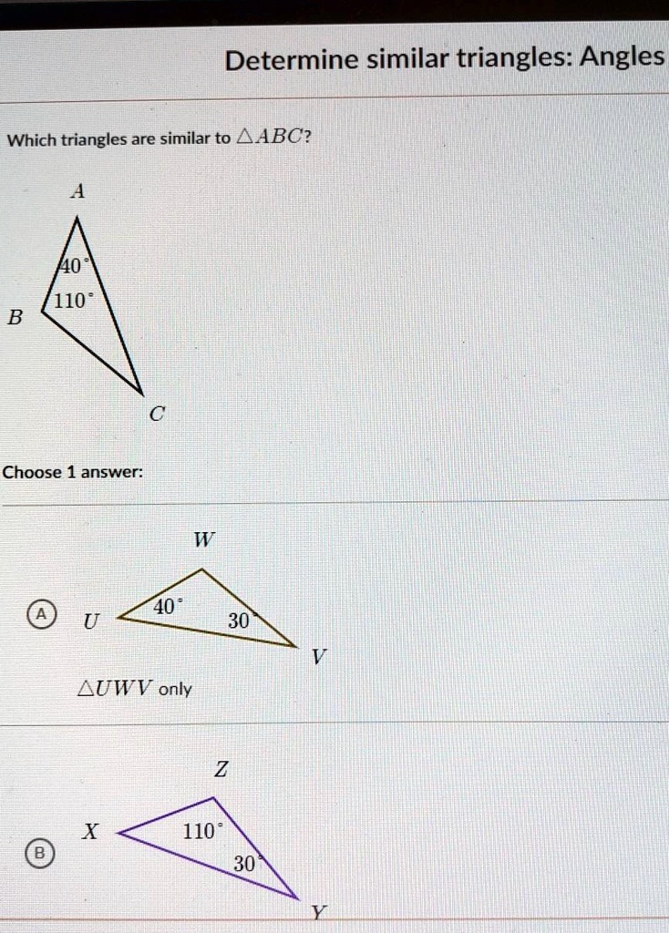 SOLVED: 'Which triangles are similar to the change in ABC? C. Both D. Neither Determine similar ...