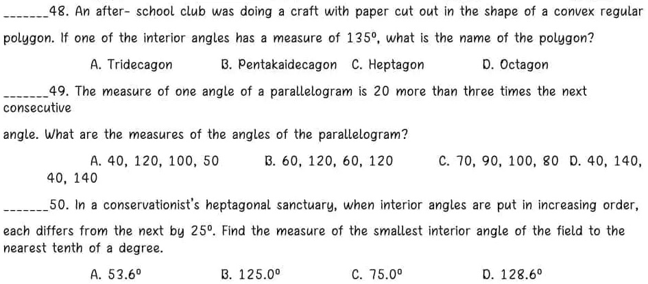 48. An after school club was doing a craft with paper cut out in the shape of a convex regular ...