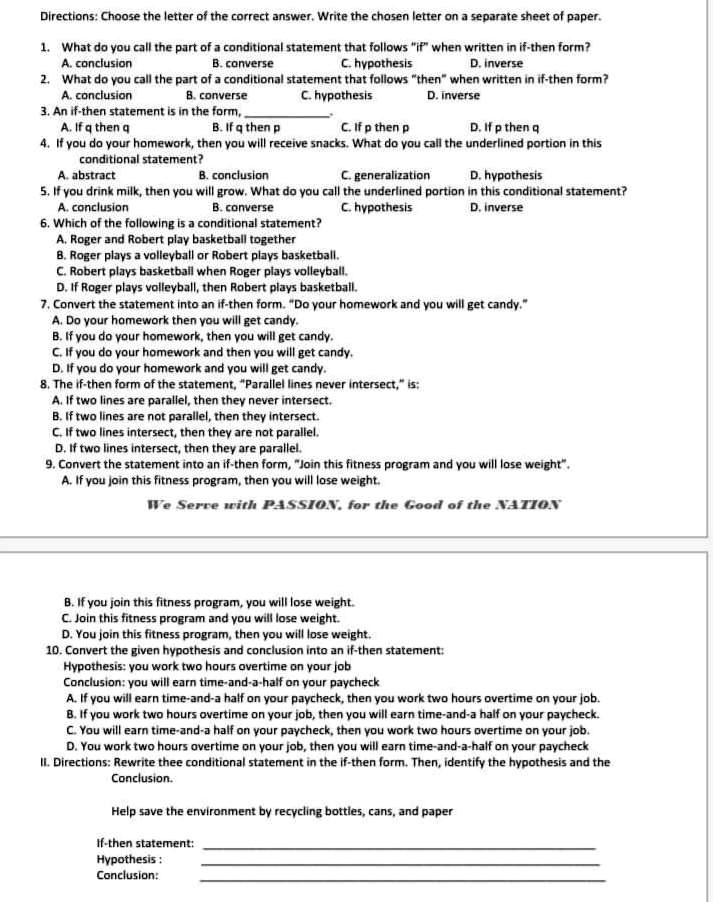 SOLVED:Directions: Choose the lerter of the correct answer Write the ...