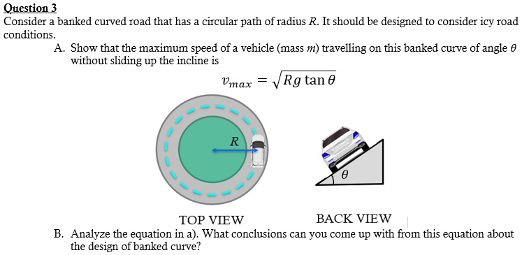 SOLVED: Question 3 Consider banked curved road that has circular path of radius R. It should be ...