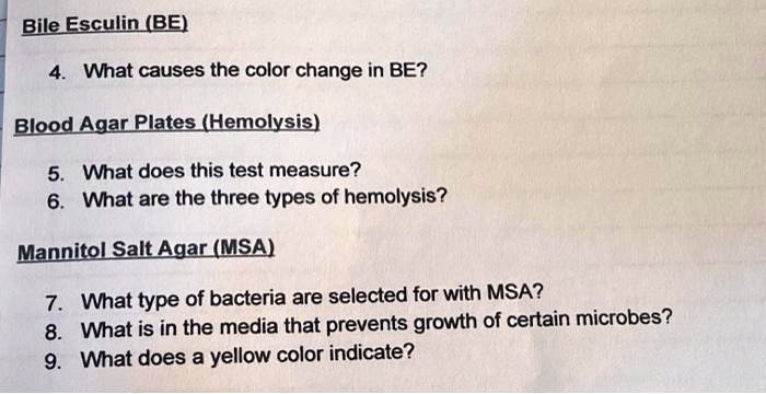 Bile Esculin (BE) 4. What causes the color change in BE? Blood Agar ...