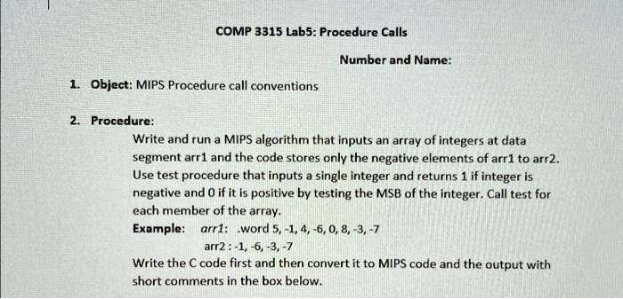 Solved Using Mars Compiler Please Asap Comp 3315 Lab 5 Procedure Calls Number And Name 1 3718