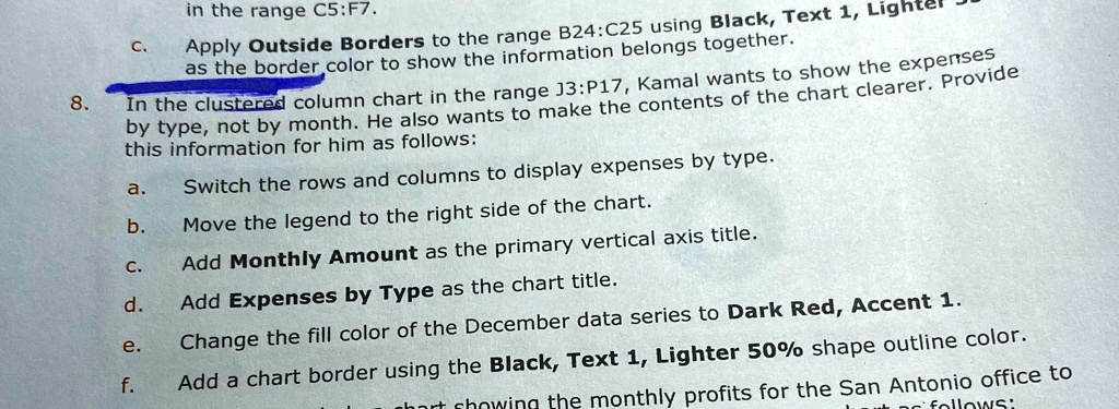 8. In the clustered column chart in the range J3:P17, Kamal wants to show the expenses by type ...