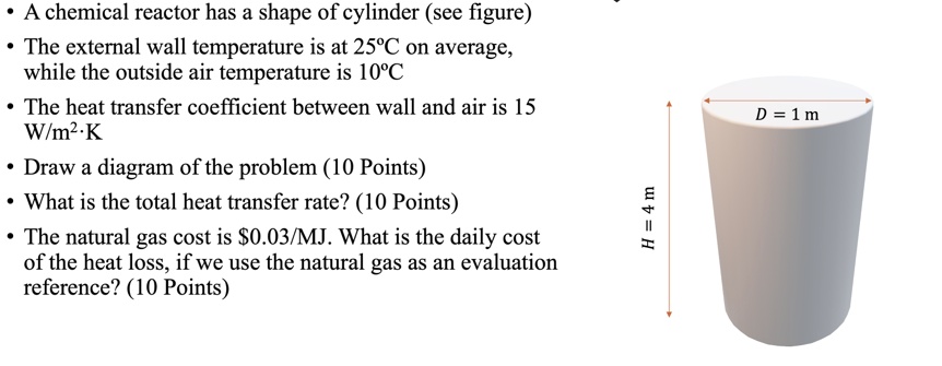 SOLVED: A chemical reactor has a shape of cylinder (see figure : The ...