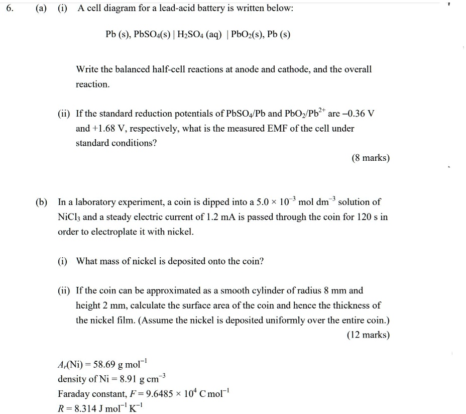 SOLVED: A cell diagram for a lead-acid battery is written below: Pb (s ...