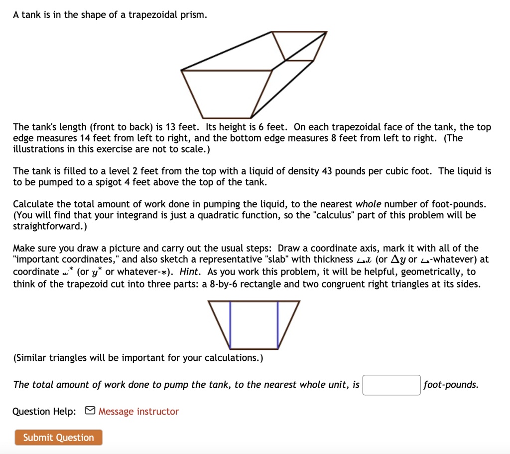 A tank is in the shape of a trapezoidal prism. The tank's length (front ...