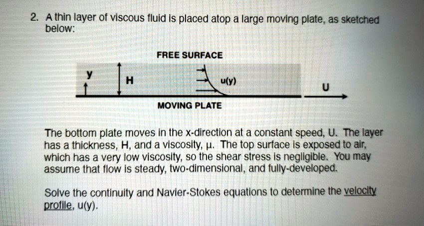 SOLVED: A thin layer of viscous fluid is placed atop a large moving plate, as sketched below ...