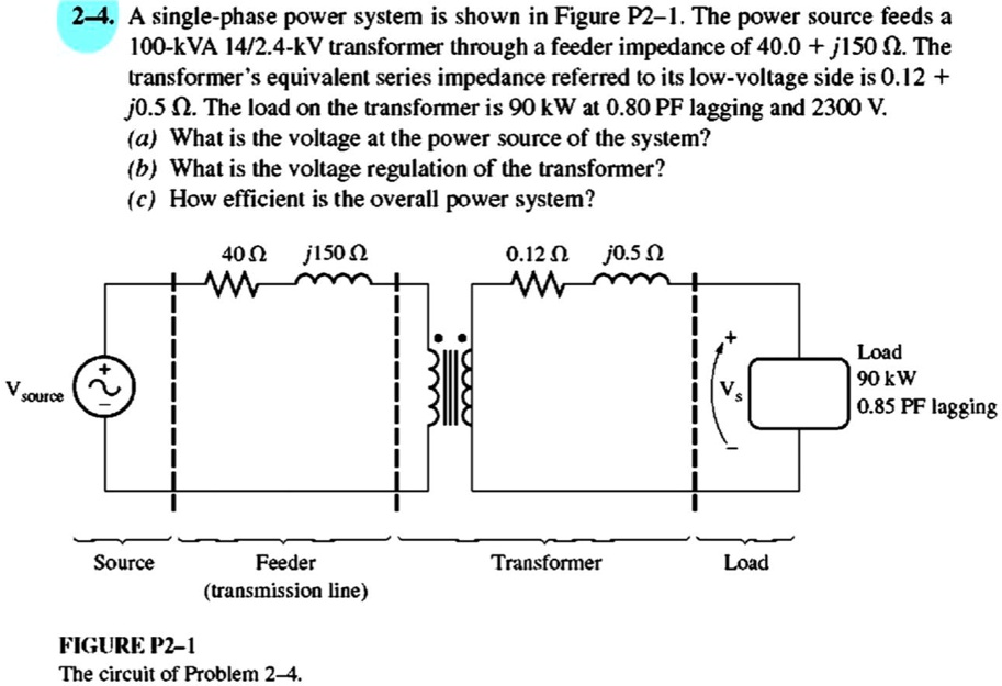 SOLVED: 24. A single-phase power system is shown in Figure P2-I. The power source feeds a 100 ...
