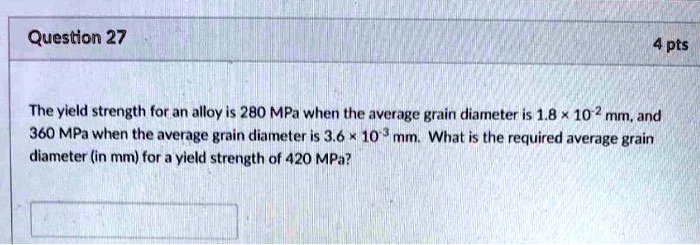 SOLVED: Question 27 4 pts The yield strength for an alloy is 280 MPa ...