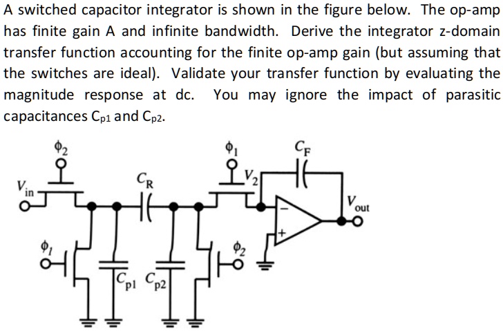 A switched capacitor integrator is shown in the figure below. The op-amp has finite gain A and ...