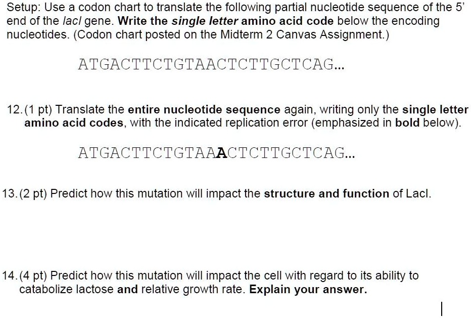 SOLVED: Setup: Use a codon chart to translate the following partial nucleotide sequence of the 5 ...