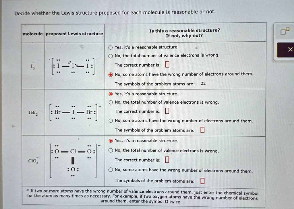 decide whether the lewis structure proposed for each molecule is ...
