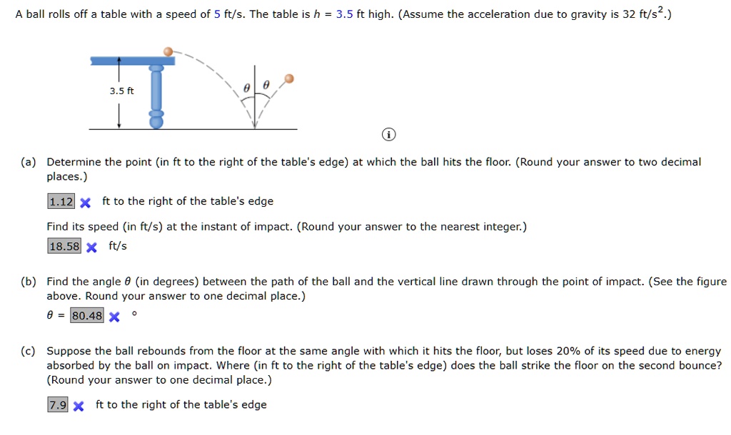 A ball rolls off a table with a speed of 5 ft/s. The table is h = 3.5 ...