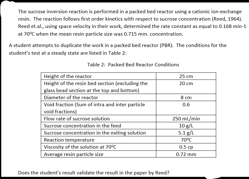 Solved The Sucrose Inversion Reaction Is Performed In A Packed Bed